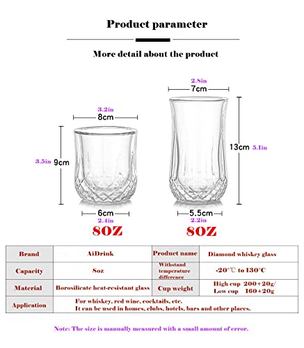 Double Wall Glasses Set of 2 for Men Women Drinking Whiskey Bourbon Scotch Cocktails Cold Drinks No Sweat Insulated Tumbler Stemless Wine Glasses Clear Cup in Gift Box Freezer Safe 8OZ