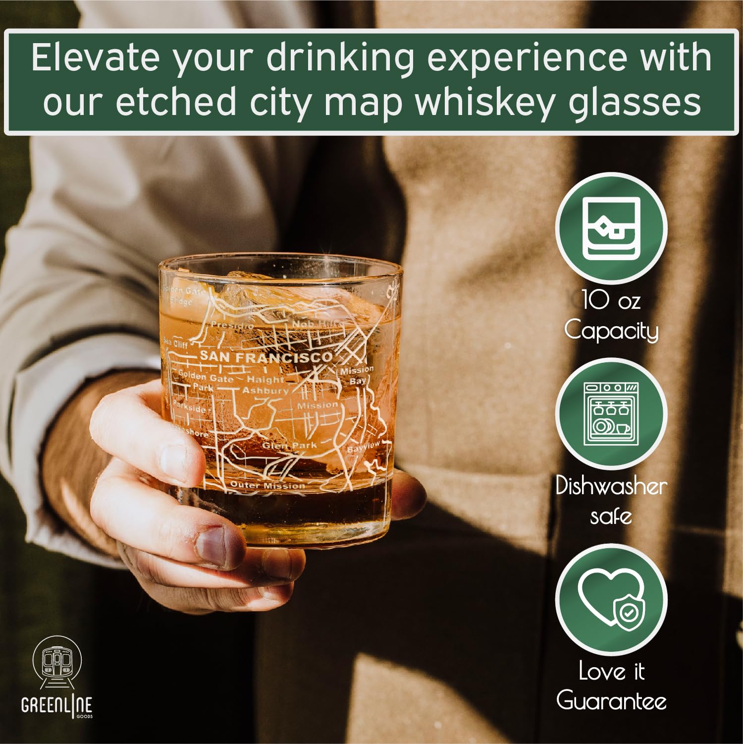 Greenline Goods Whiskey Glasses - 10 Oz Tumbler for San Francisco Lovers (Single Glass) - Etched with San Francisco Map - Old Fashioned Rocks Glass