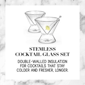 Double-Walled Martini Glasses Set of 2 (6.5 oz) - Stemless Martini, Cocktail, Bar, Cosmopolitan Glasses - Insulated martini glass glassware sets for mixed drinks, men's birthday, fathers day gift