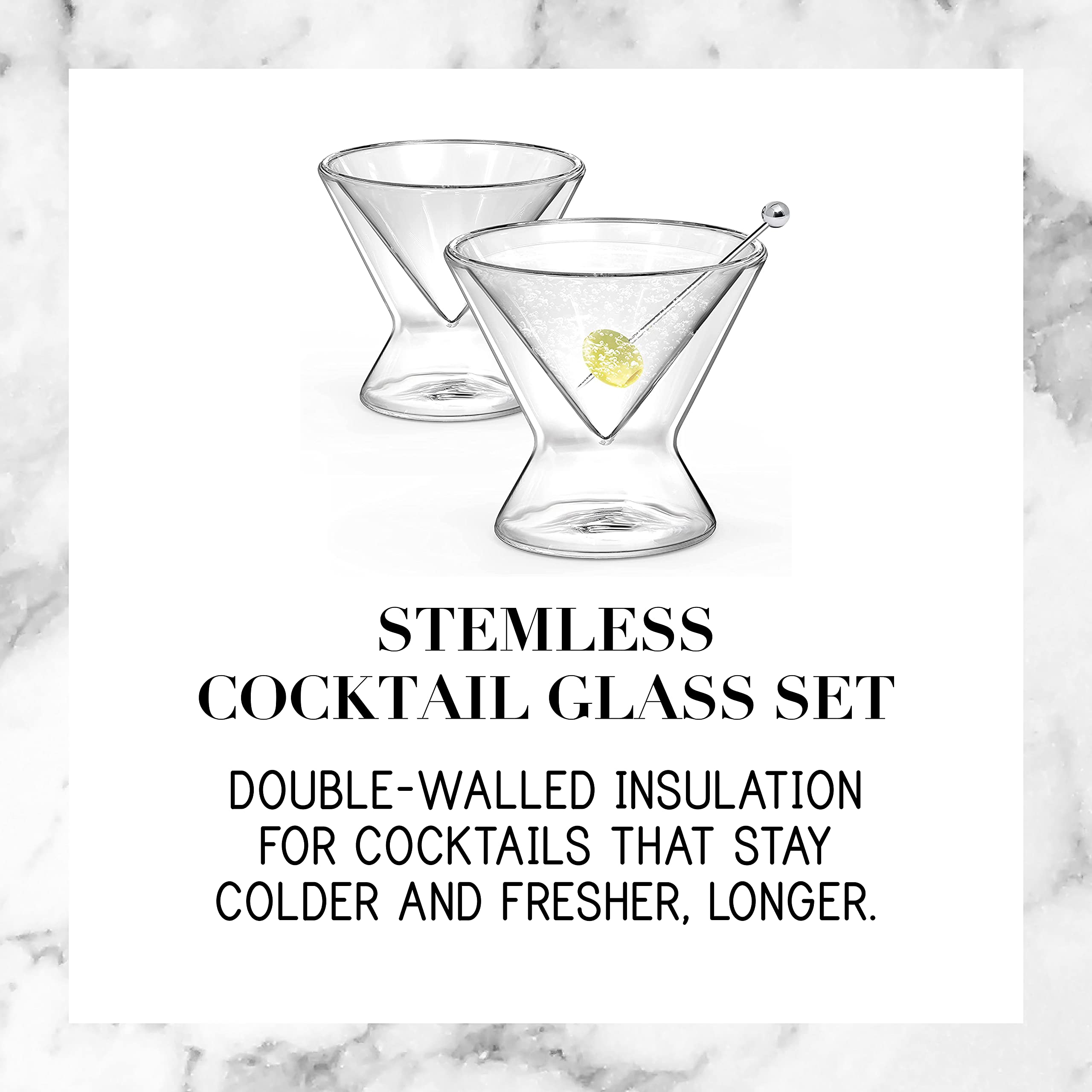 Double-Walled Martini Glasses Set of 2 (6.5 oz) - Stemless Martini, Cocktail, Bar, Cosmopolitan Glasses - Insulated martini glass glassware sets for mixed drinks, men's birthday, fathers day gift