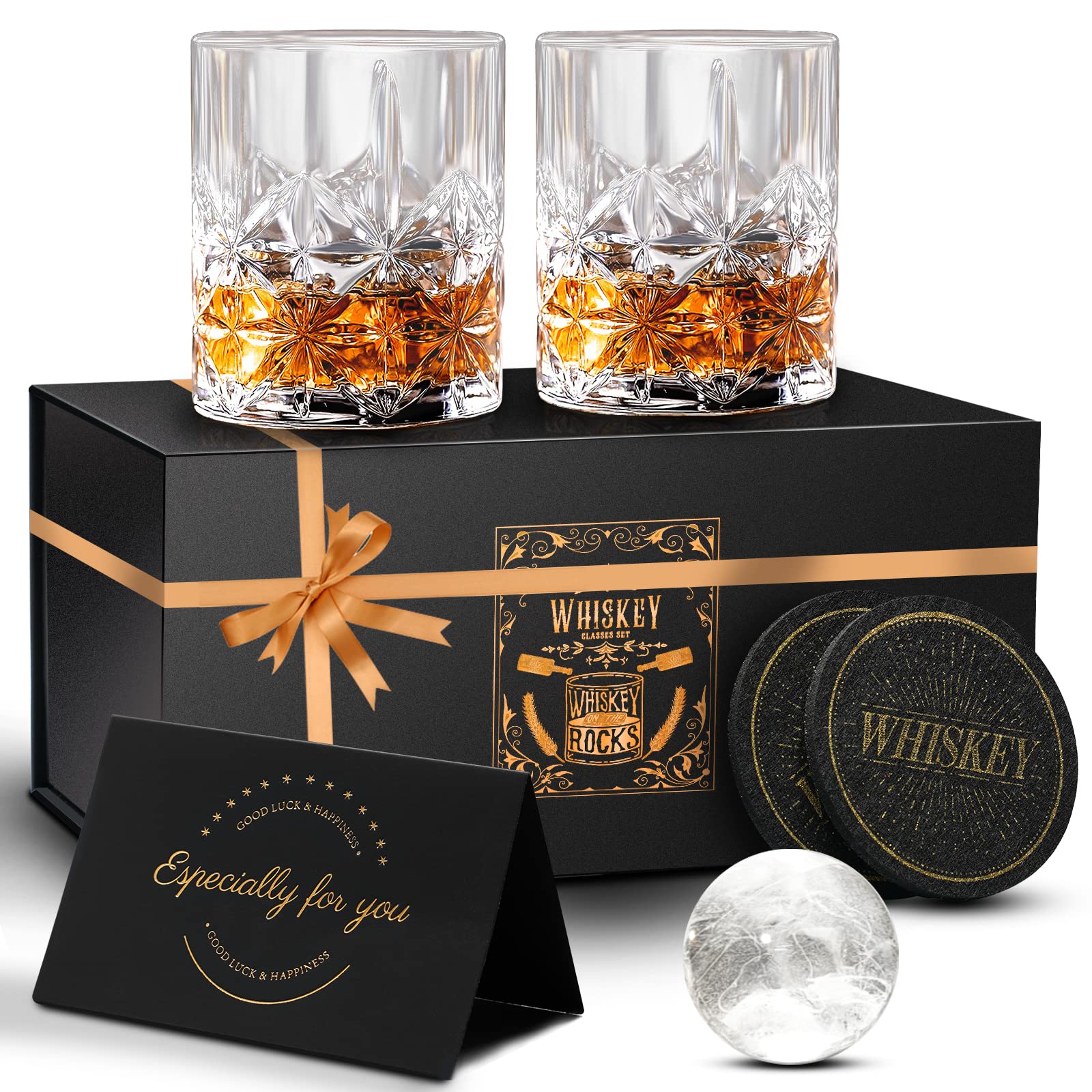 DIOXADOP Whiskey Glasses Set of 2, 11 OZ Old Fashioned Glasses with 2 Ice Ball Molds, Bourbon Glasses, Premium Scotch Glasses, Rocks Glasses, Cocktail, Rum Glasses, Whiskey Glasses for Men