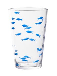 klifa- charleston- 19 oz, set of 6, acrylic fishing highball, school of fish drinking glasses, bpa-free, stackable plastic drinkware, dishwasher safe cups, clear with dark blue printing