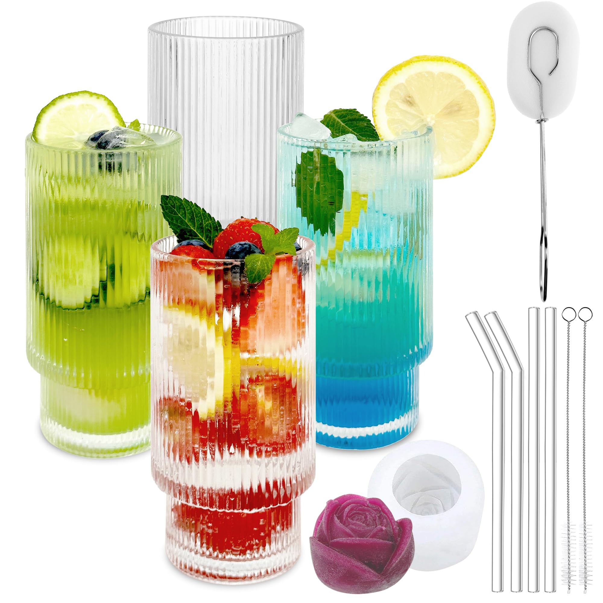 FINFINLIFE Ribbed Kitchen Glassware - 12oz Ribbed Glasses with Straws & Rose Ice Mold, Ideal for Home Entertaining & Cocktail Enthusiasts, Versatile for Iced Tea, Fruit Juice, Smoothies