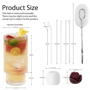 FINFINLIFE Ribbed Kitchen Glassware - 12oz Ribbed Glasses with Straws & Rose Ice Mold, Ideal for Home Entertaining & Cocktail Enthusiasts, Versatile for Iced Tea, Fruit Juice, Smoothies