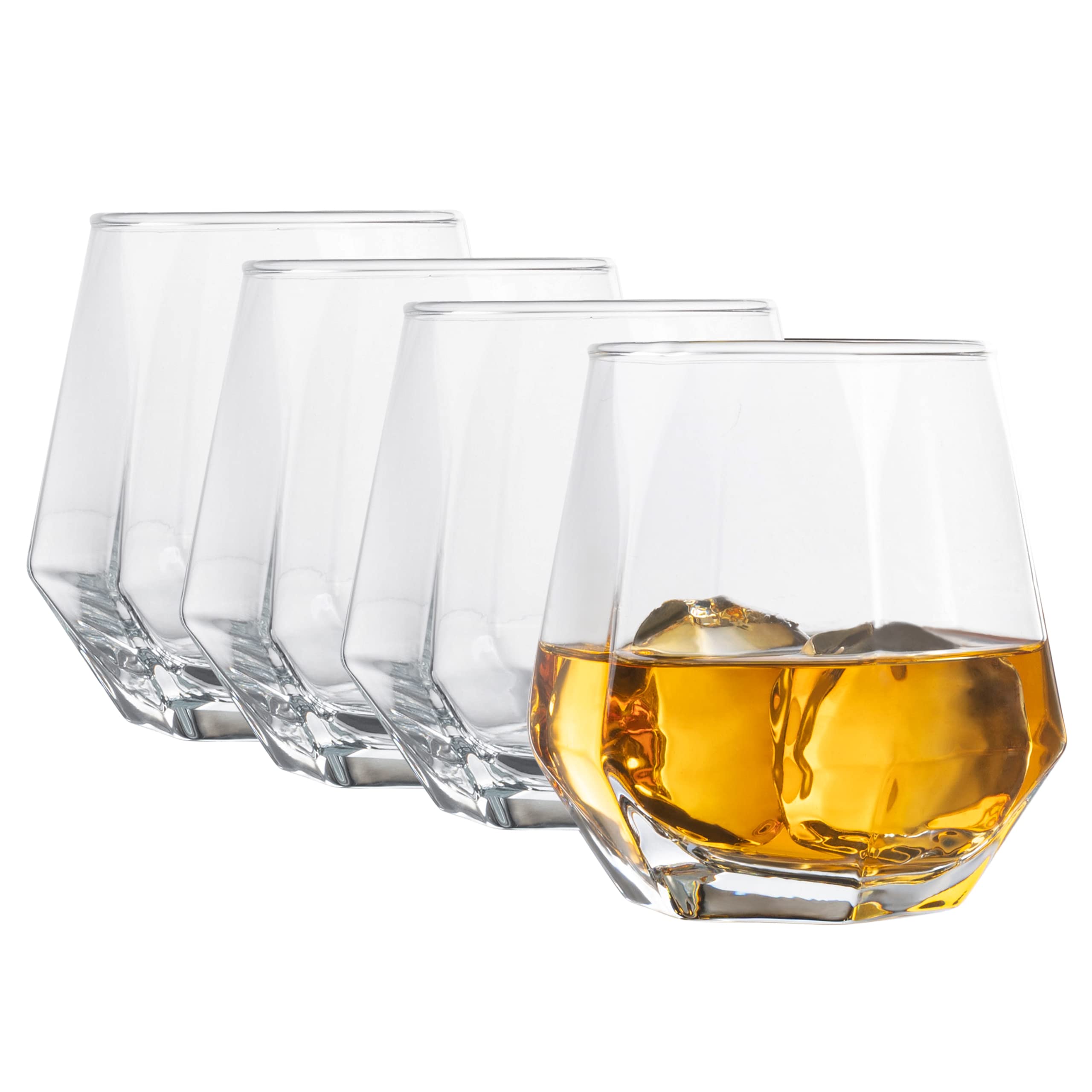 Diamond Whiskey Glasses - Stemless Wine Glass Set of 4- Geometric Tilting Design- Rolling Whiskey Glasses -Stem Less Anti Rocking Cup Diamonds Shaped Tilted Glassware Drinking Tumblers for Wiskey/Wine