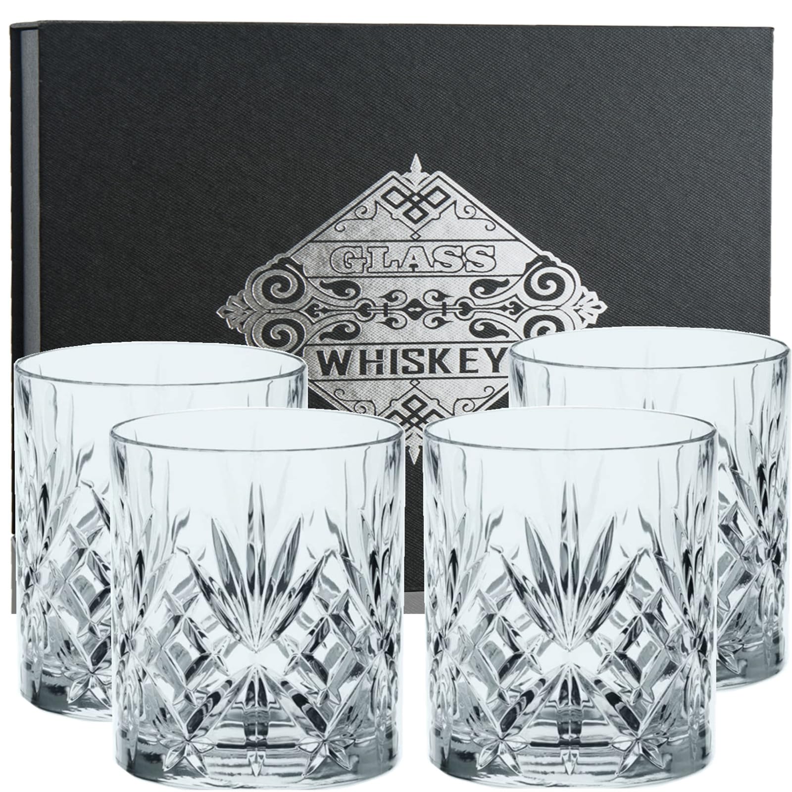 DH Whiskey Glasses Set of 4-11oz Old Fashioned Glasses for Bourbon, Scotch, Cognac -Crystal Diamond Patterned Glassware Tumblers Gift Whisky Glass with Elegant Box