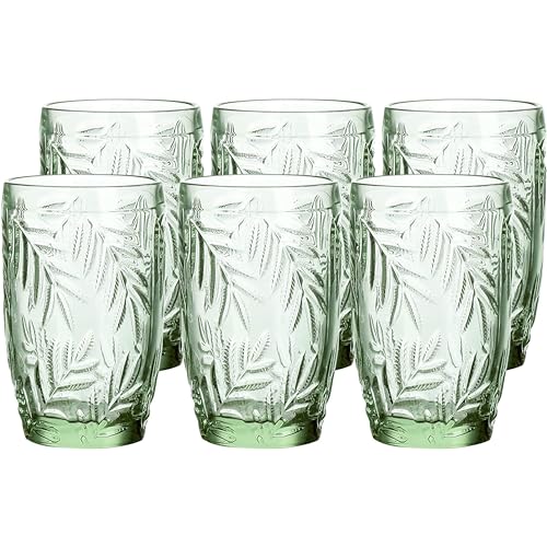 WHOLE HOUSEWARES | Glass Tumblers | Set of 6 Drinking Glasses | 11.5 oz Embossed Design | Vintage Drinking Cups for Water, Iced Tea, Juice | Wedding, Party Glassware Sets (Green)