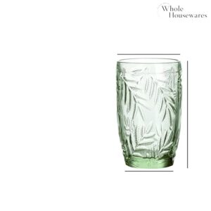 WHOLE HOUSEWARES | Glass Tumblers | Set of 6 Drinking Glasses | 11.5 oz Embossed Design | Vintage Drinking Cups for Water, Iced Tea, Juice | Wedding, Party Glassware Sets (Green)