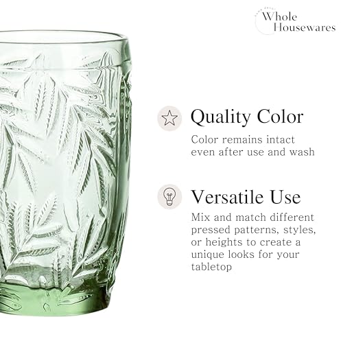 WHOLE HOUSEWARES | Glass Tumblers | Set of 6 Drinking Glasses | 11.5 oz Embossed Design | Vintage Drinking Cups for Water, Iced Tea, Juice | Wedding, Party Glassware Sets (Green)