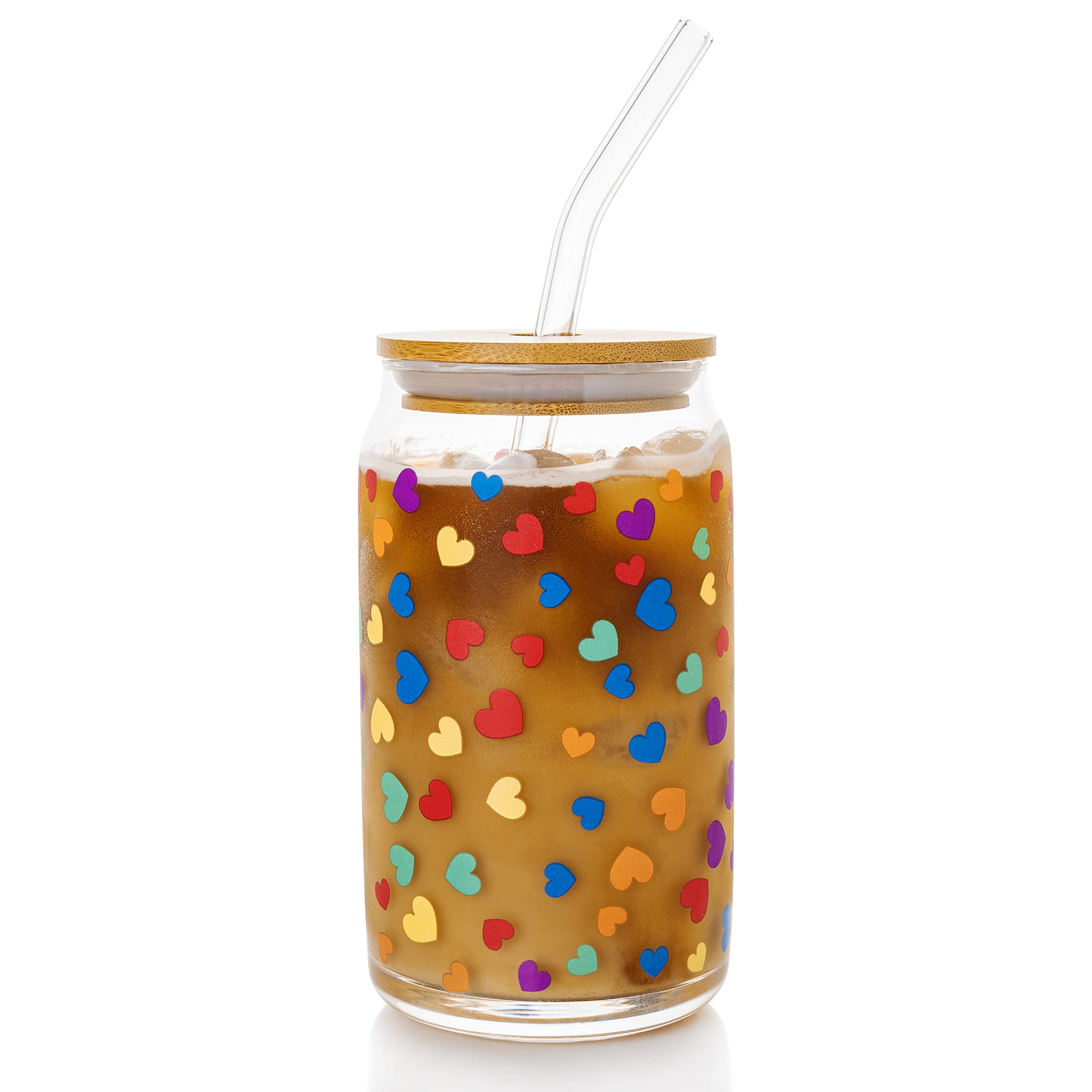 Care For Products Color Changing 16oz Soda Can Glass with Bamboo Lid and Glass Straw | Iced Coffee Cup | Can Shaped Glass with Color Changing Heart Design