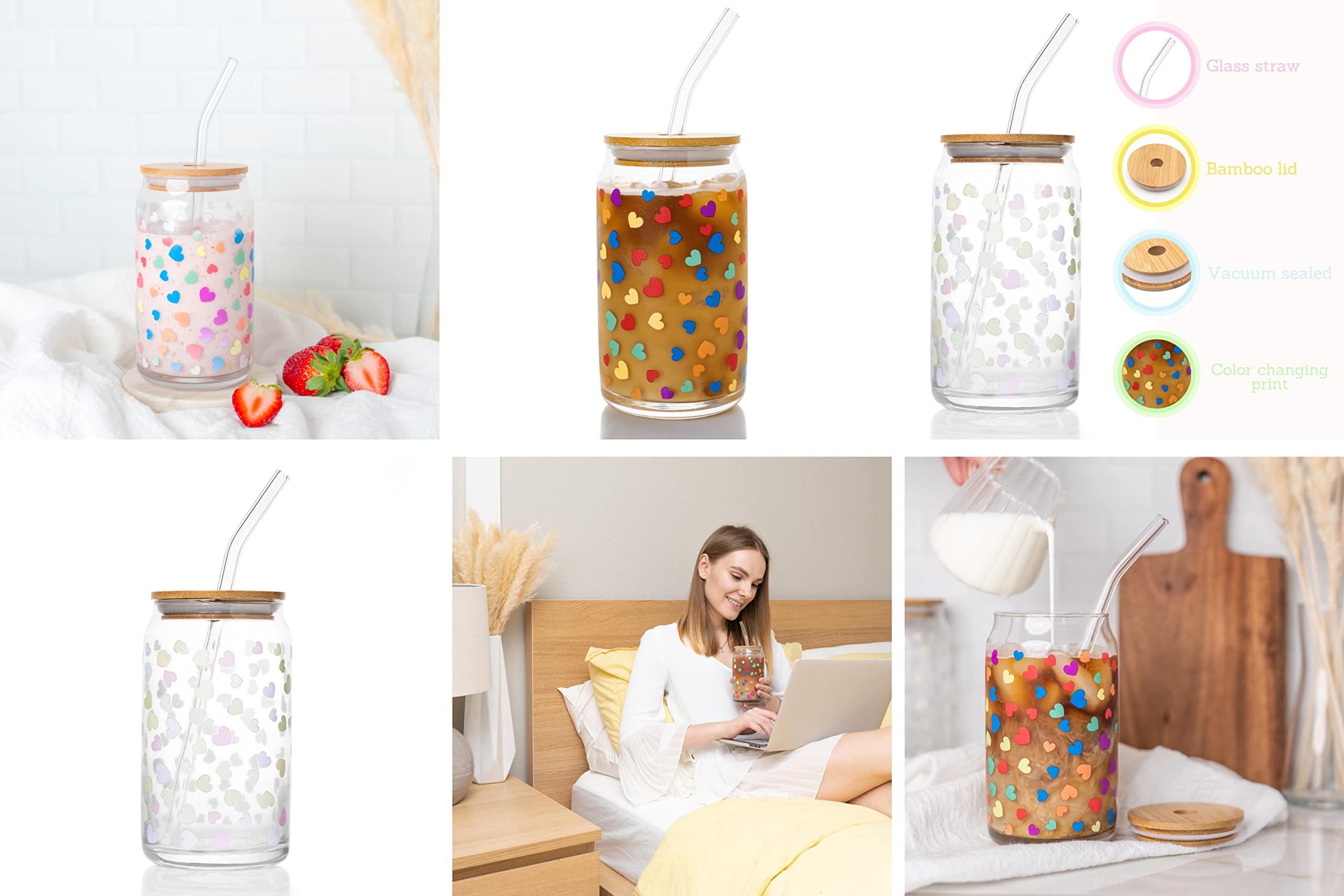 Care For Products Color Changing 16oz Soda Can Glass with Bamboo Lid and Glass Straw | Iced Coffee Cup | Can Shaped Glass with Color Changing Heart Design