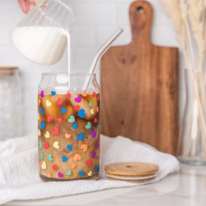 Care For Products Color Changing 16oz Soda Can Glass with Bamboo Lid and Glass Straw | Iced Coffee Cup | Can Shaped Glass with Color Changing Heart Design