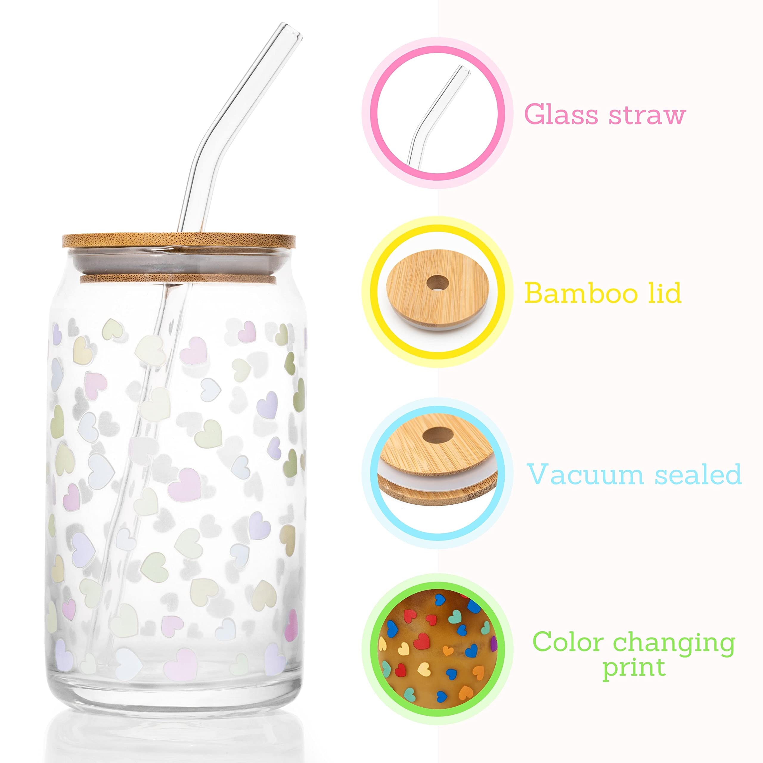 Care For Products Color Changing 16oz Soda Can Glass with Bamboo Lid and Glass Straw | Iced Coffee Cup | Can Shaped Glass with Color Changing Heart Design