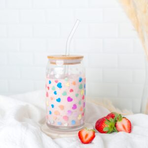 Care For Products Color Changing 16oz Soda Can Glass with Bamboo Lid and Glass Straw | Iced Coffee Cup | Can Shaped Glass with Color Changing Heart Design