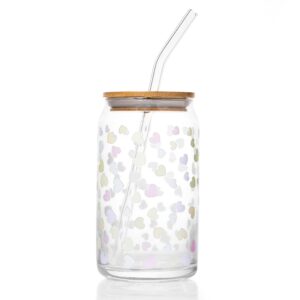 Care For Products Color Changing 16oz Soda Can Glass with Bamboo Lid and Glass Straw | Iced Coffee Cup | Can Shaped Glass with Color Changing Heart Design