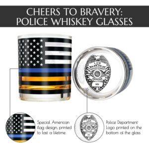 Greenline Goods Thin Blue Line Police Officer Whiskey Old Fashioned Glasses (Set of 2) - 10 oz - Classic Drinkware with Law Enforcement Flag Graphics - Shows Support for First Responders