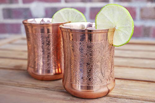 Alchemade 100% Pure Copper Mint Julep Tumbler Cups - 12 Oz Derby Cups With Etched Floral Design For Mint Juleps, Cocktails, Or Your Favorite Beverage - Keeps Drinks Colder, Longer