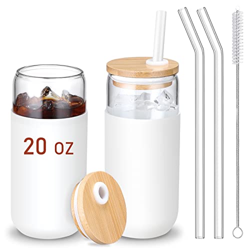 20 OZ Glass Cups with Bamboo Lids and Straws - Beer Can Shaped Drinking Glasses with Silicone Protective Sleeve Set, Iced Coffee Glasses, Cute Tumbler Cup for Water, Smoothie, Boba Tea, Gift - 2 Pack