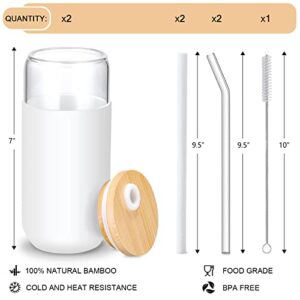 20 OZ Glass Cups with Bamboo Lids and Straws - Beer Can Shaped Drinking Glasses with Silicone Protective Sleeve Set, Iced Coffee Glasses, Cute Tumbler Cup for Water, Smoothie, Boba Tea, Gift - 2 Pack