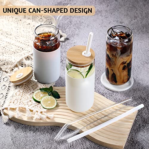 20 OZ Glass Cups with Bamboo Lids and Straws - Beer Can Shaped Drinking Glasses with Silicone Protective Sleeve Set, Iced Coffee Glasses, Cute Tumbler Cup for Water, Smoothie, Boba Tea, Gift - 2 Pack