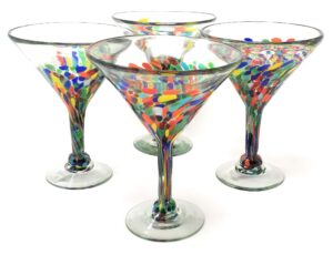 dos sueños mexican hand blown glass – set of 4 hand blown modern margarita glasses - confetti carmen (12 oz)