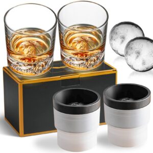 whiskey gifts for men, 11 oz eagle pattern whiskey glasses set of 2 & large ice ball molds set of 2 - thick base rocks glass for bourbon cocktails, dad husband gift from wife daughter son kids