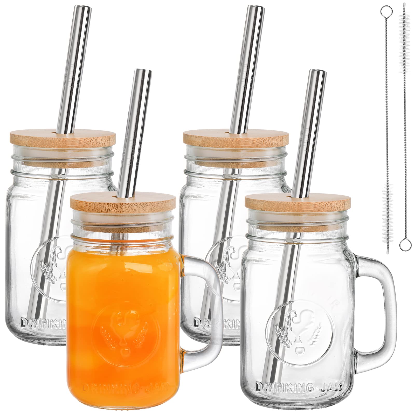 Hacaroa 4 Pack Glass Mason Jar Cups with Bamboo Lid and Straw, 16 Oz Regular Mouth Mason Mugs Drinking Glasses with Handle, Reusable Smoothie Cups for Cold Juice, Beverage, Coffee, Clear