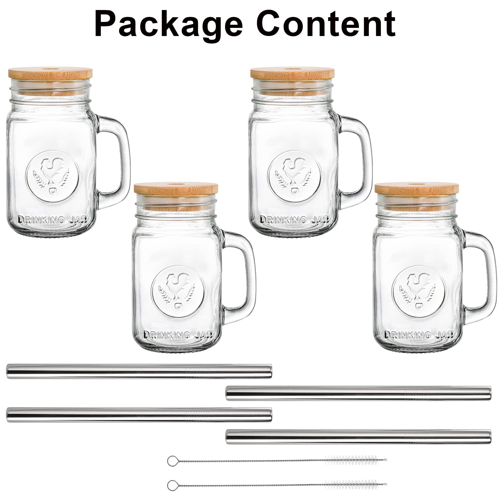 Hacaroa 4 Pack Glass Mason Jar Cups with Bamboo Lid and Straw, 16 Oz Regular Mouth Mason Mugs Drinking Glasses with Handle, Reusable Smoothie Cups for Cold Juice, Beverage, Coffee, Clear