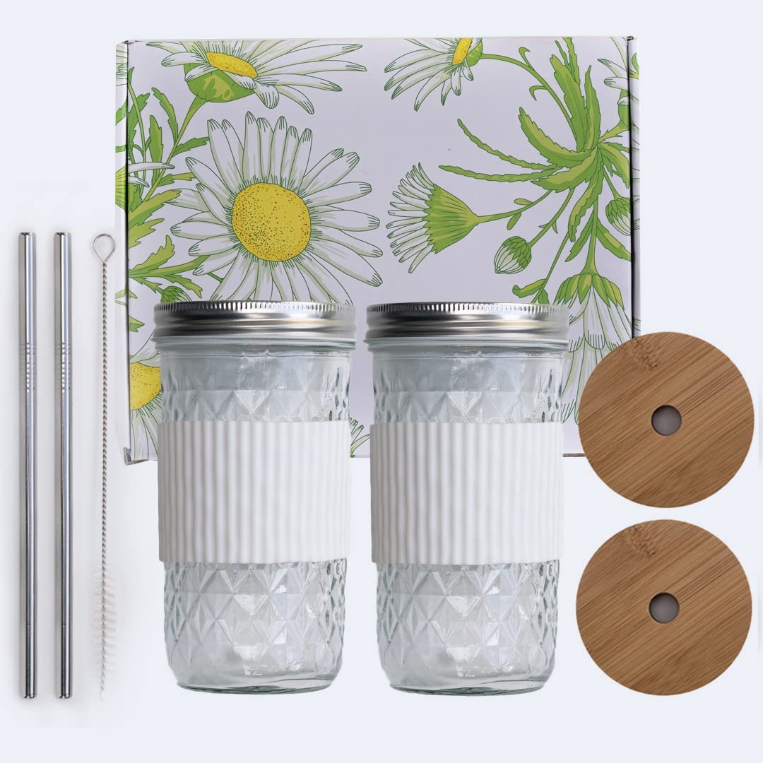 [2Pack] Glass Cups Set - 22oz Mason Jar Drinking Glasses w/Bamboo Lids & Straws & 2 Airtight Lids - Cute Reusable Gift Box Boba Bottle, Iced Coffee Glasses, Travel Tumbler for Bubble Tea, smoothie