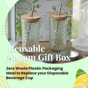 [2Pack] Glass Cups Set - 22oz Mason Jar Drinking Glasses w/Bamboo Lids & Straws & 2 Airtight Lids - Cute Reusable Gift Box Boba Bottle, Iced Coffee Glasses, Travel Tumbler for Bubble Tea, smoothie