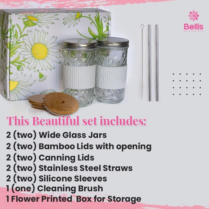 [2Pack] Glass Cups Set - 22oz Mason Jar Drinking Glasses w/Bamboo Lids & Straws & 2 Airtight Lids - Cute Reusable Gift Box Boba Bottle, Iced Coffee Glasses, Travel Tumbler for Bubble Tea, smoothie