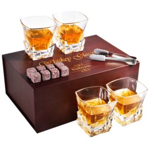 sishynio whiskey glasses set of 4 for men, 10oz with 8 cube granite chilling stones, whiskey rocks glasses gift set for grandpa father husband