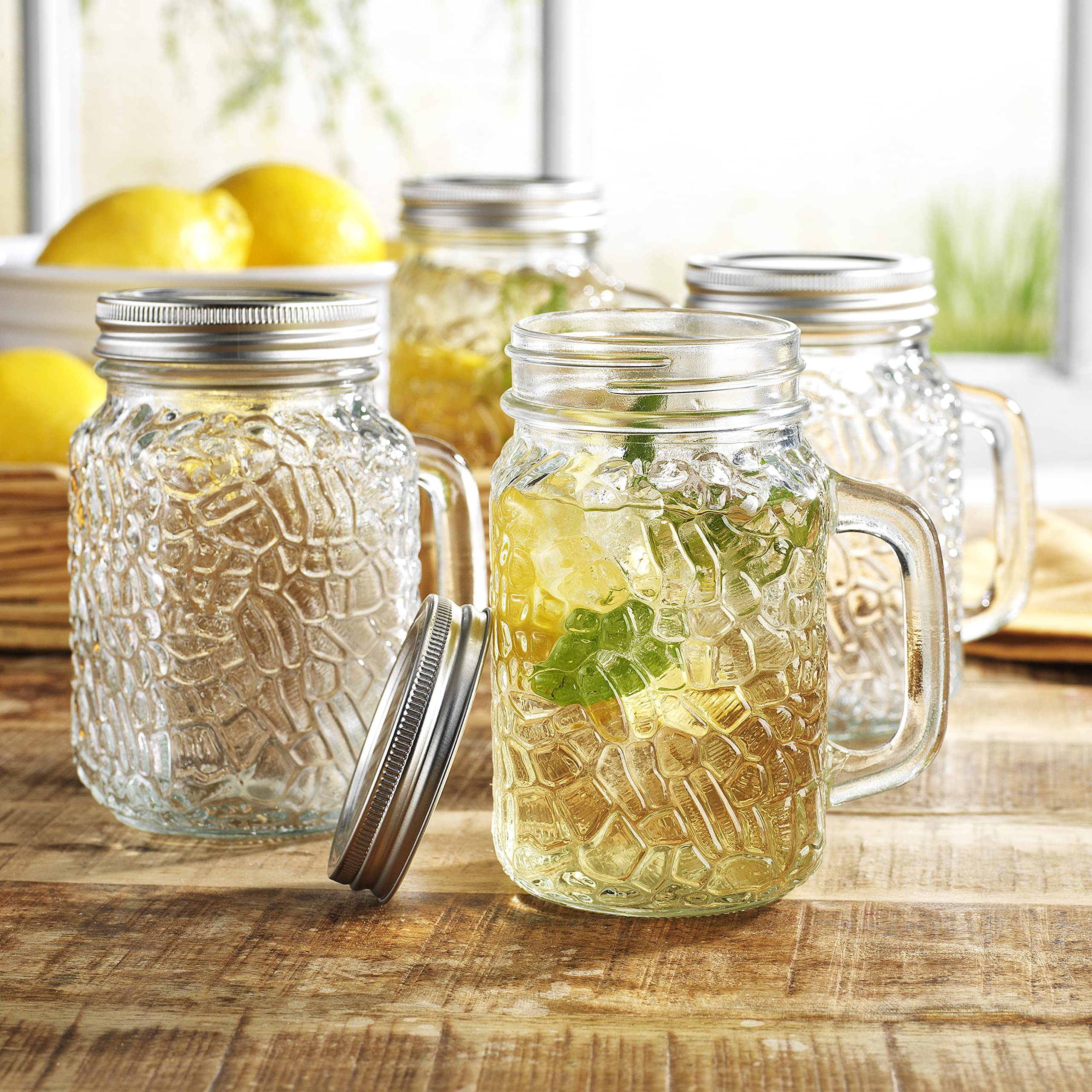 Glaver's Mason Jar Cups 16Oz – Set of 4 Mason Jars with Lids and Handles – Hammered Style Large Mason Cups for Parties, Dinner, Home, Lemonade, Smoothies, Cocktails, Drinks - Dishwasher Safe.