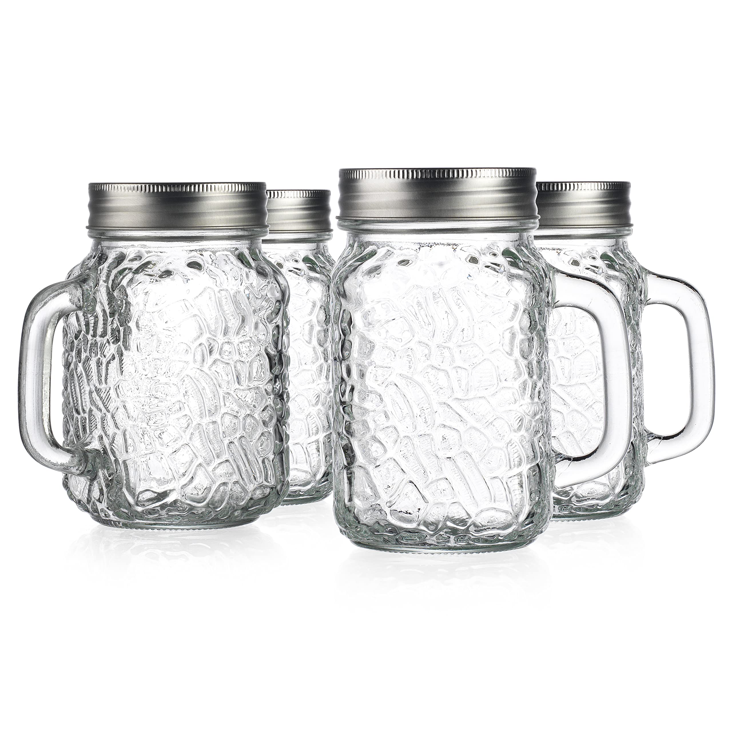 Glaver's Mason Jar Cups 16Oz – Set of 4 Mason Jars with Lids and Handles – Hammered Style Large Mason Cups for Parties, Dinner, Home, Lemonade, Smoothies, Cocktails, Drinks - Dishwasher Safe.