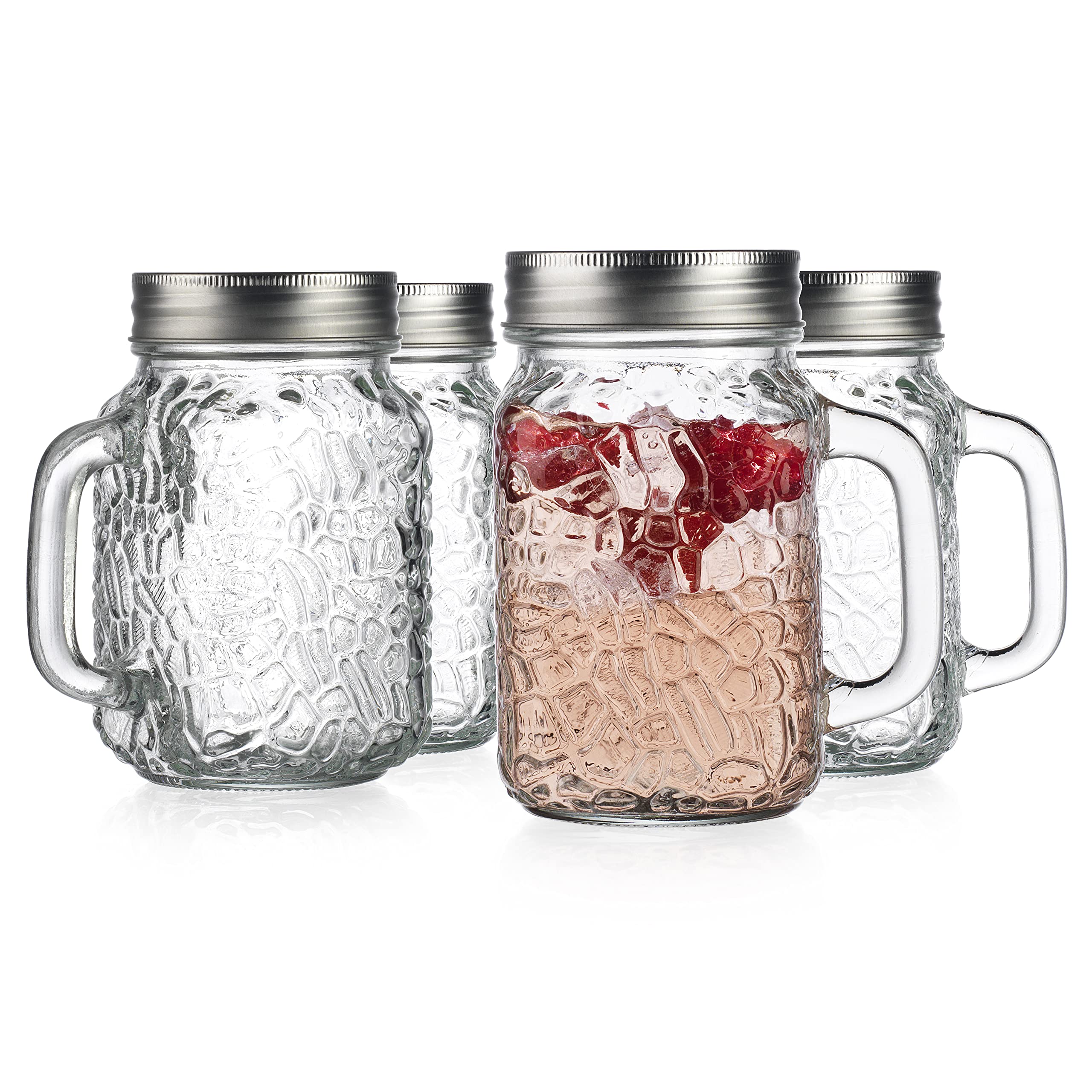 Glaver's Mason Jar Cups 16Oz – Set of 4 Mason Jars with Lids and Handles – Hammered Style Large Mason Cups for Parties, Dinner, Home, Lemonade, Smoothies, Cocktails, Drinks - Dishwasher Safe.