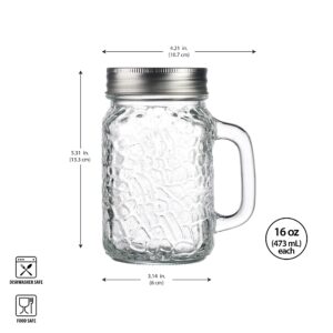 Glaver's Mason Jar Cups 16Oz – Set of 4 Mason Jars with Lids and Handles – Hammered Style Large Mason Cups for Parties, Dinner, Home, Lemonade, Smoothies, Cocktails, Drinks - Dishwasher Safe.