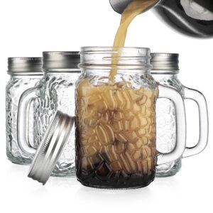 Glaver's Mason Jar Cups 16Oz – Set of 4 Mason Jars with Lids and Handles – Hammered Style Large Mason Cups for Parties, Dinner, Home, Lemonade, Smoothies, Cocktails, Drinks - Dishwasher Safe.