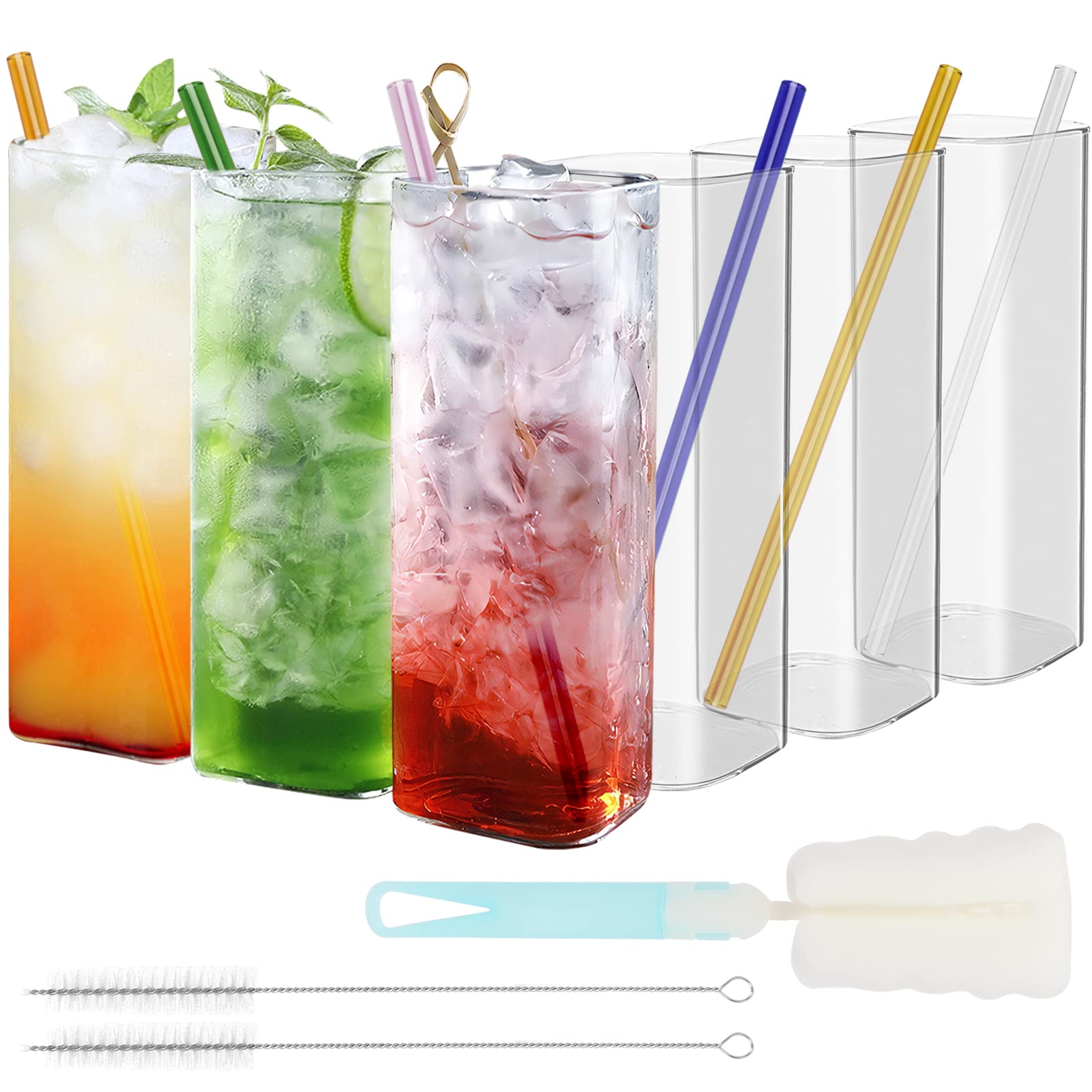 UHAPEER 6 Pack Square Drinking Glasses with Straws, 500ml/17oz Lead-Free Crystal Clear Glass Bar Glassware Glasses Tumblers, Thin Highball Glasses Drinking Cups for Coffee Tea Beer Cocktail Smoothie