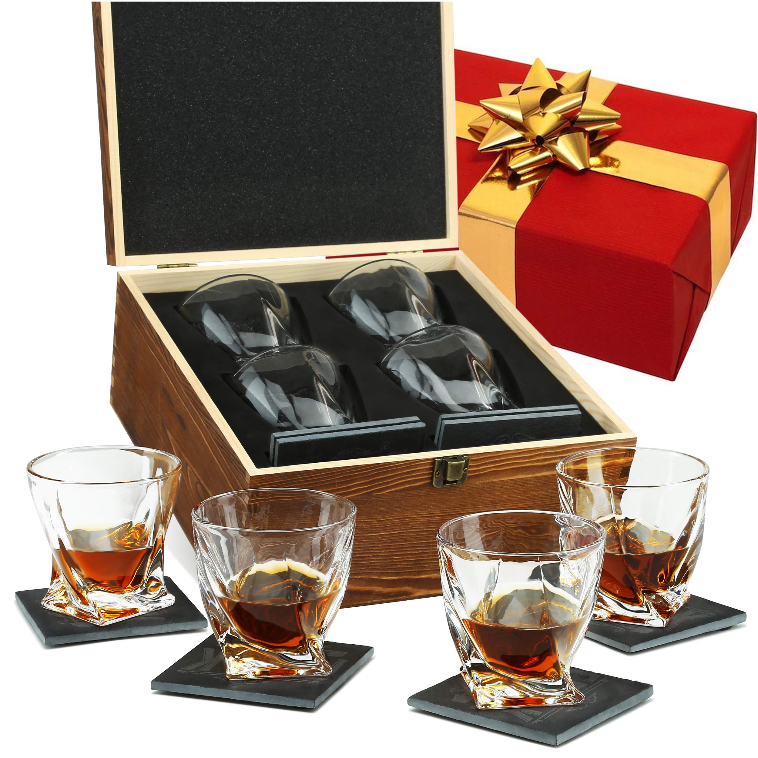 Whiskey Glasses Set of 4 - Gift For Men, Dad, Father, Brother - Twisted Old Fashioned Classic Whiskey Glass Set with Slate Coasters in Premium Wooden Box - Twist Glasses for Whisky, Bourbon, Scotch