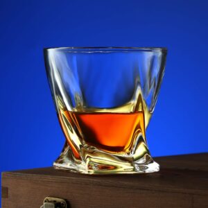 Whiskey Glasses Set of 4 - Gift For Men, Dad, Father, Brother - Twisted Old Fashioned Classic Whiskey Glass Set with Slate Coasters in Premium Wooden Box - Twist Glasses for Whisky, Bourbon, Scotch