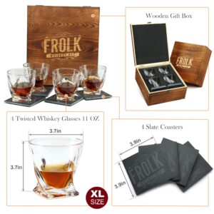 Whiskey Glasses Set of 4 - Gift For Men, Dad, Father, Brother - Twisted Old Fashioned Classic Whiskey Glass Set with Slate Coasters in Premium Wooden Box - Twist Glasses for Whisky, Bourbon, Scotch