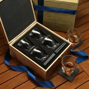 Whiskey Glasses Set of 4 - Gift For Men, Dad, Father, Brother - Twisted Old Fashioned Classic Whiskey Glass Set with Slate Coasters in Premium Wooden Box - Twist Glasses for Whisky, Bourbon, Scotch