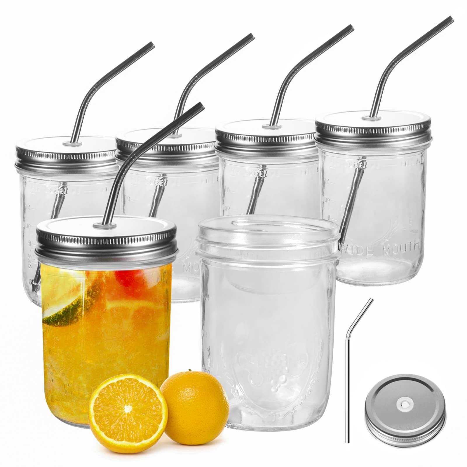 OAMCEG 6 Pack Mason Jars 16 OZ Smoothie Cup 16 OZ with Lids and Straws, Regular & Wide Mouth Mason Jar, 100% Recycled Sipper Mason Jar Drinking Glasses/Jars/Mugs, One Size