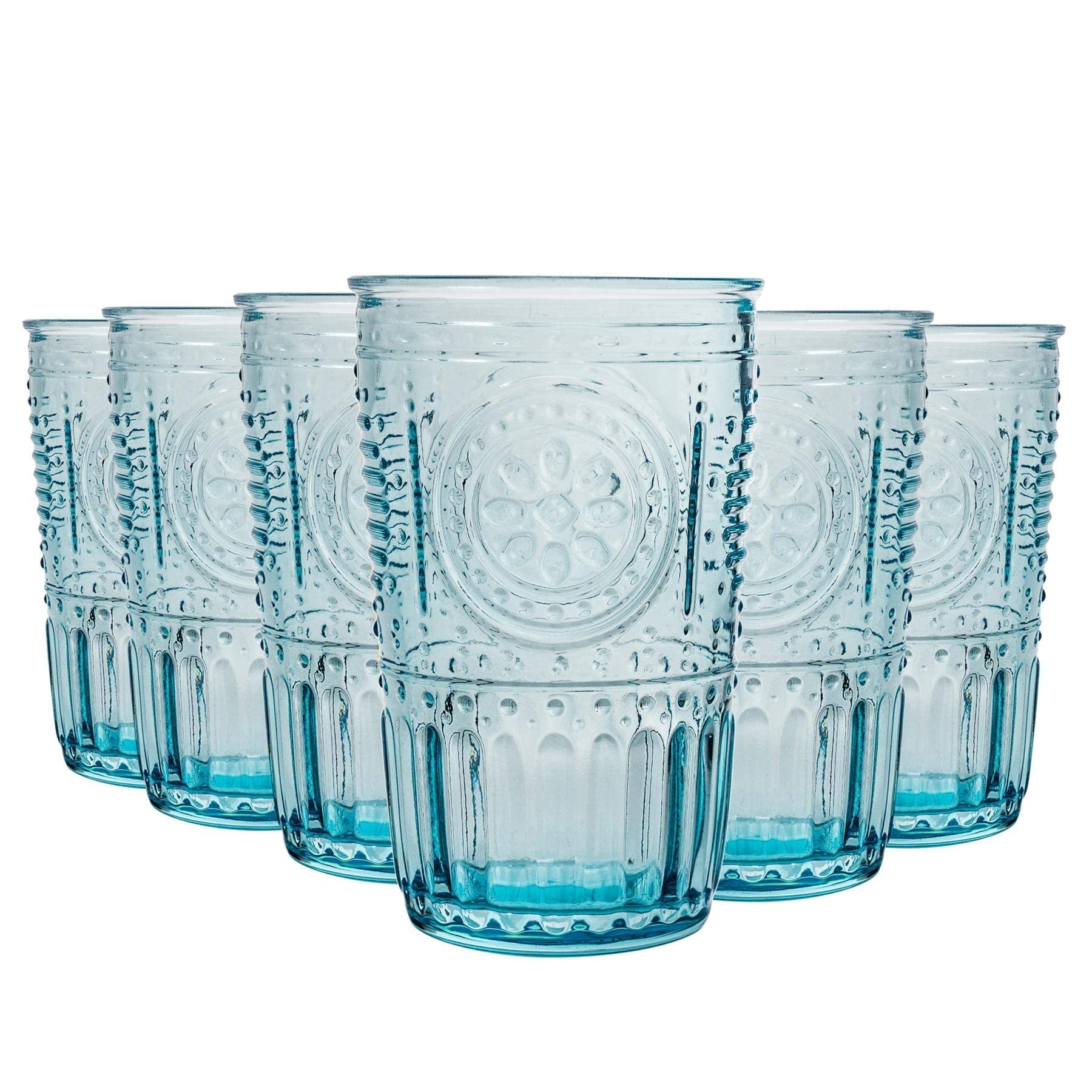 Bormioli Rocco Romantic Set Of 6 Cooler Glasses, 16 Oz. Colored Crystal Glass, Light Blue, Made In Italy.