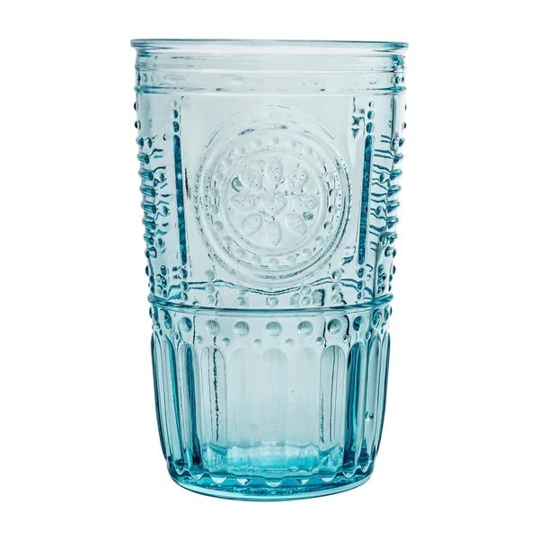 Bormioli Rocco Romantic Set Of 6 Cooler Glasses, 16 Oz. Colored Crystal Glass, Light Blue, Made In Italy.