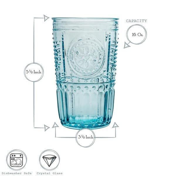 Bormioli Rocco Romantic Set Of 6 Cooler Glasses, 16 Oz. Colored Crystal Glass, Light Blue, Made In Italy.