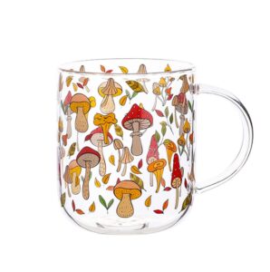 mushroom clear glass mug with handle 16oz cottagecore glass cup with colorful mushroom patterns cute aesthetic coffee tea milk mug mushroom stuff (mushroom)