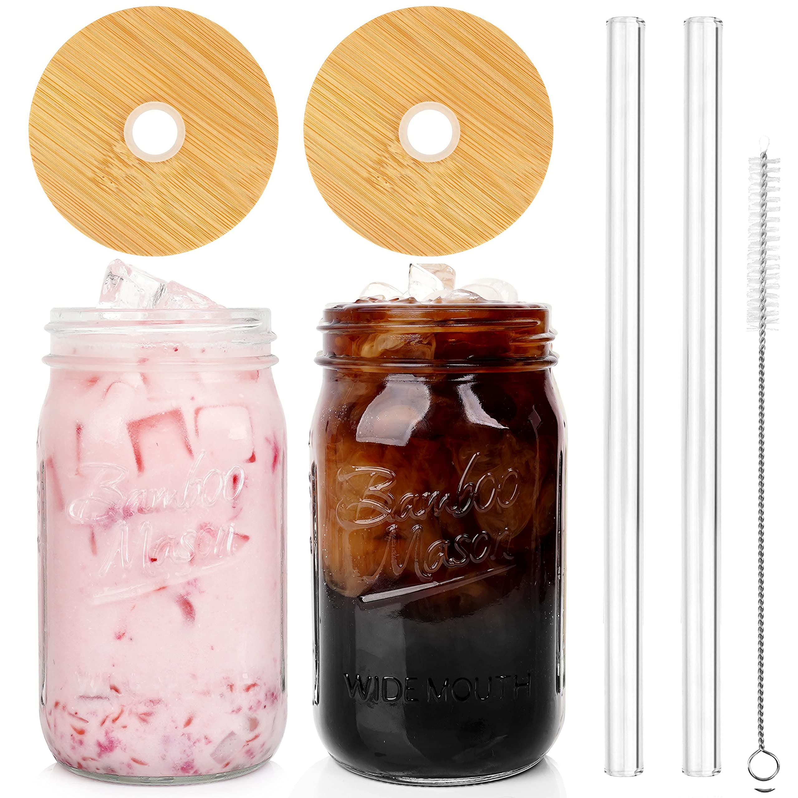 ANOTION Mason Jar with Lid and Straw, 32oz Wide Mouth Boba Cup Reusable Drinking Glasses Tumbler Smoothie Water Bottles for Iced Coffee Margaritas Ice Cream Juice Cocktail Travel Office Home