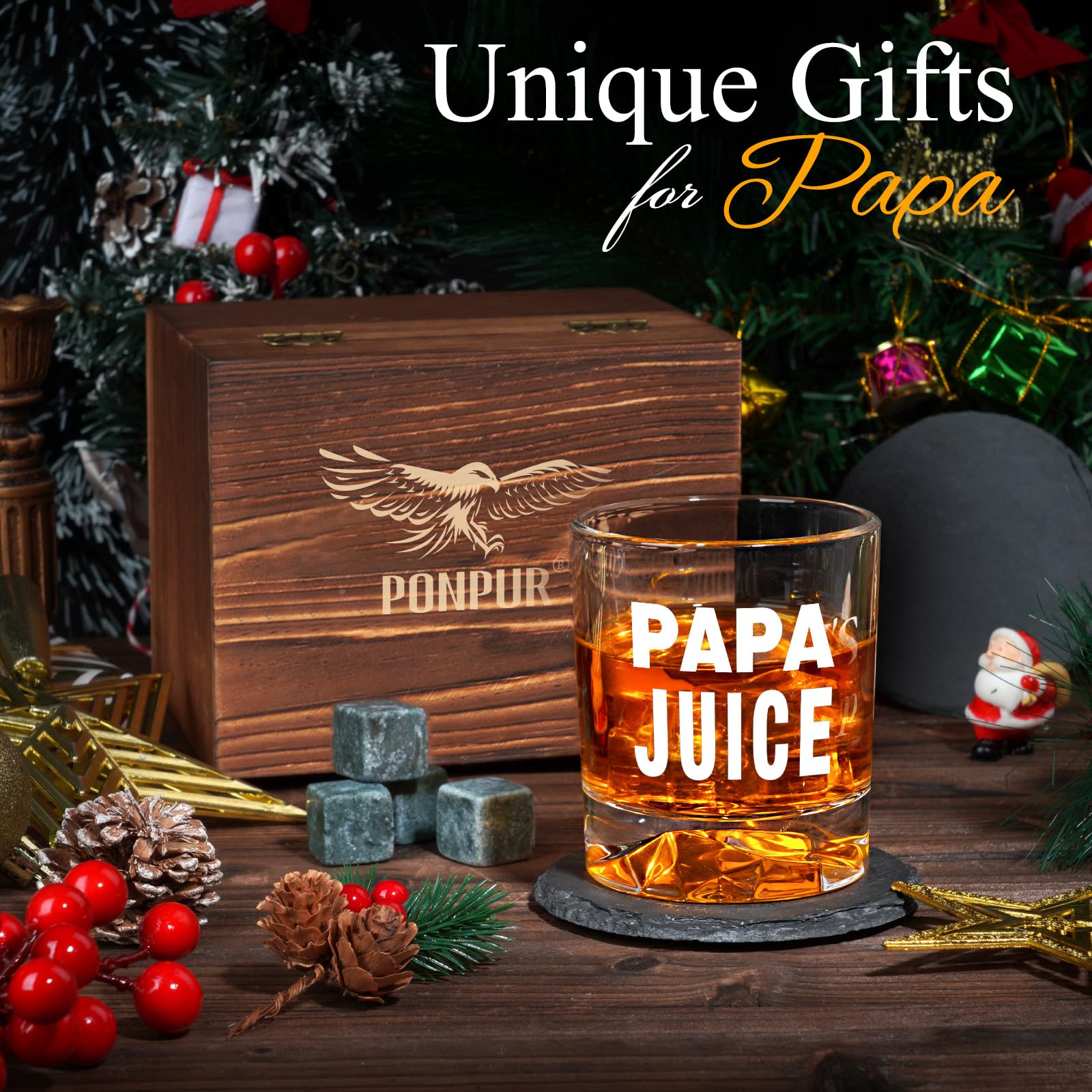 PONPUR "PAPA Juice Whiskey Glass Fathers Day, Funny Dad Birthday Gifts for Men Dad Grandpa Papa, Unique Gift from Daughter Son Kids, Cool Gag Bourbon Gift Ideas, Christmas Stocking Stuffers