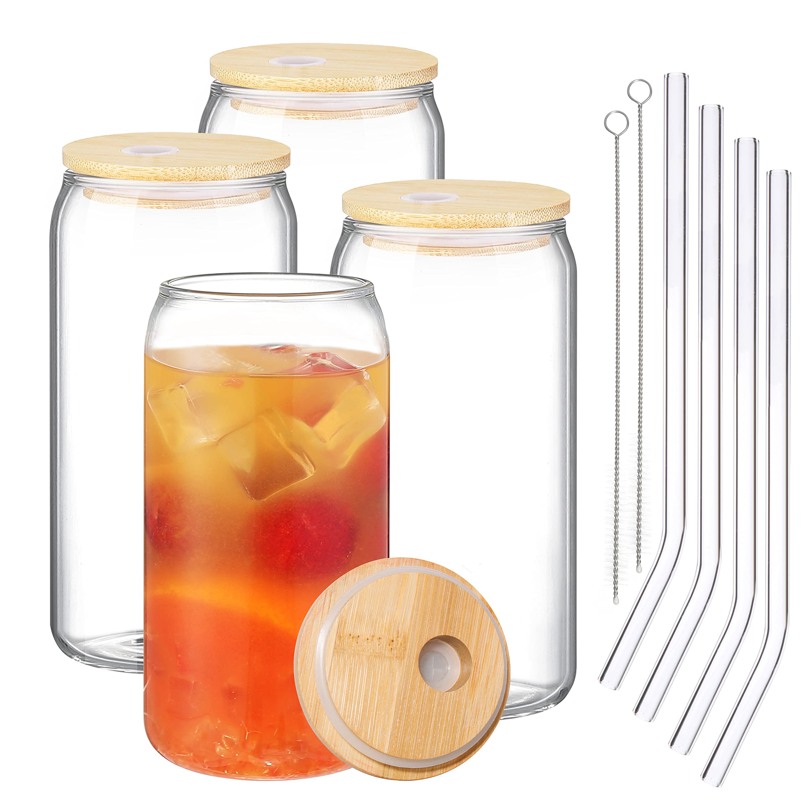 Glass Cups Bamboo Lids for Beer Can Glass 16oz, Drinking Glasses Beer Can Glasses Set of 4, Iced Coffee Cups, Beer Glass Cups, Beer Can Glass with Lids and Straw, Glass Cups with Lids and Straws